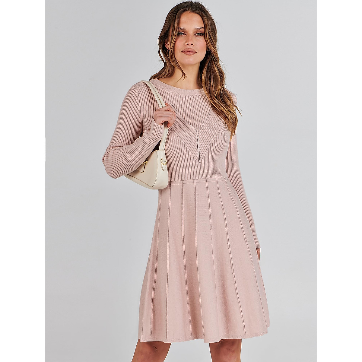 ANRABESS Women Midi Sweater Dress Long Sleeve Crewneck High Waist Casual A-Line Pleated Dresses Pink Small