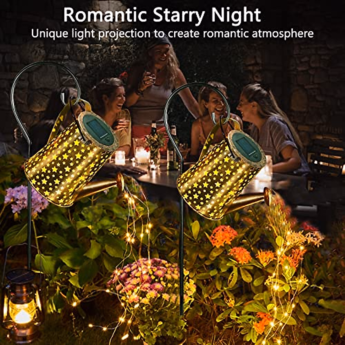 Solar Watering Can with Lights, Outdoor Decorative Garden Light Solar Fairy Lights, Waterproof Metal Retro Star Shower Art Hanging Waterfall Lights for Patio Lawn Yard (with Shepherd Hook)