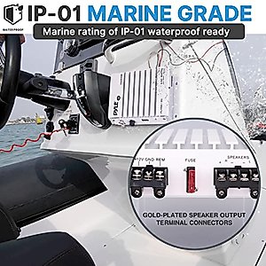 Pyle Hydra Marine Amplifier - Upgraded Elite Series 240 Watt 4 Channel Audio Amplifier - Waterproof, 4-8 Ohm Impendance, GAIN Level Controls, RCA Stereo Input & LED Indicator (PLMRA120)