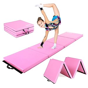 Matladin 8' Folding Gymnastics Gym Exercise Aerobics Mat, 8ft x 2ft x 2in PU Leather Tumbling Mats for Stretching Yoga Cheerleading Martial Arts (Pink)