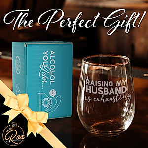 On The Rox Drinks Wine Gifts for Mom - 17 Oz Raising My Husband Is Exhausting Engraved Stemless Wine Glass - Cute Funny Mother's Day, Birthday Gifts for Mothers and Stepmoms - Fun Glasses for Women