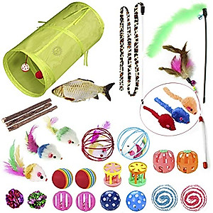SunGrow Ferret Tunnel and Assorted Toys Variety Pack, Interactive Kitten & Ferret Toys & Accessories, for Indoors, Teaser Wand, Crinkle Balls, Bell Set, etc., 30 Pcs per Pack