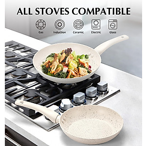 KOCH SYSTEME CS Nonstick Frying Pan 8 Inch White, Omelette Pan with Stay-cool Bakelite Handle, Toxin-Free Marble Coating Aluminum Pan for Healthy Cooking, All Stoves Compatible, Easy to Clean
