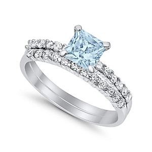 Blue Apple Co. Simulated Aquamarine Cubic Zirconia Size-7 Wedding Engagement Ring Band Bridal Set Princess Cut Round Simulated Cubic Zirconia 925 Sterling Silver