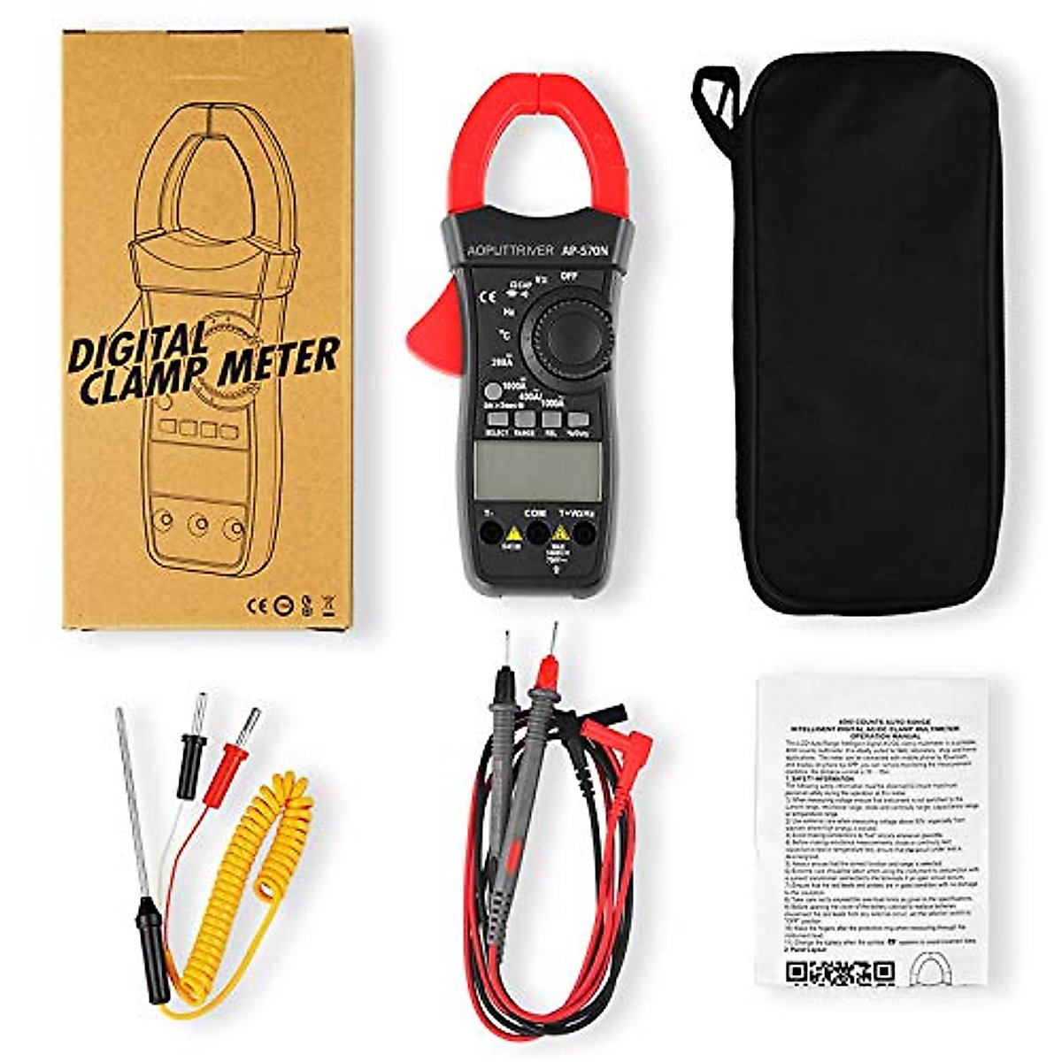 Digital Clamp Meter AP-570N,6000 Counts Auto-ranging Multimeter with DC/AC Voltage&Current,Resistance,Capacitance,Temperature,Frequency,Duty Cycle (Black-570N)