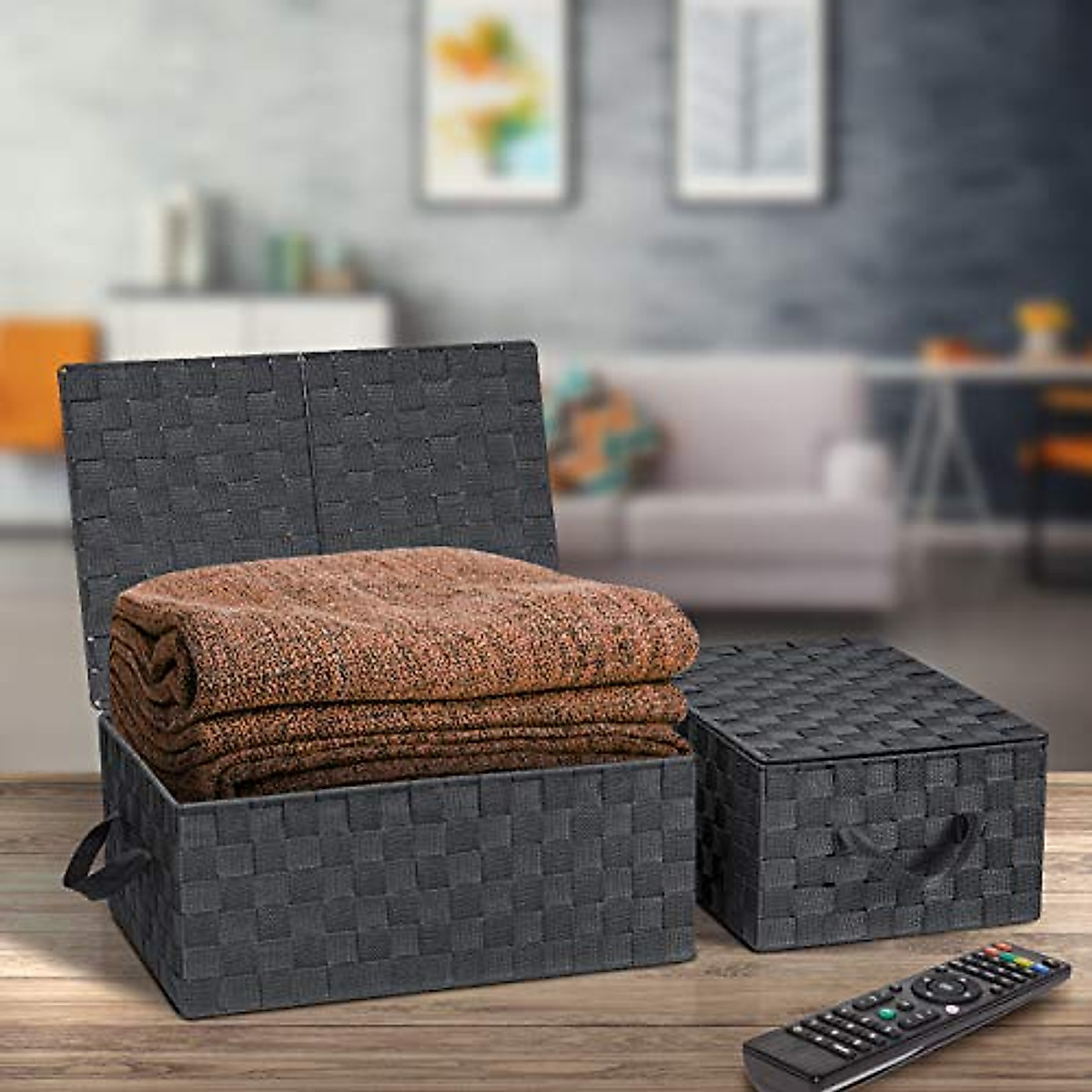 Sorbus Storage Box Woven Basket Bin Container Tote Cube Organizer Set Stackable Storage Basket Woven Strap Shelf Organizer Built-In Carry Handles (Woven Lid Baskets - Gray)