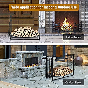 Goplus Firewood Rack with Tool Set, 36” Fireplace Log Holder W/Kindling Holders, Shovel, Poker, Tongs, Brush, Indoor & Outdoor Wood Stacker Lumbar Storage Organizer for Wood Stove, Fireside, Fire Pit