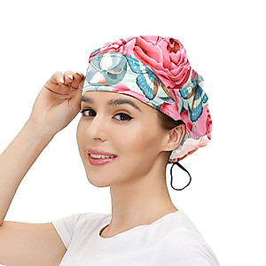 Womens Working Cap with Cotton Sweatband Adjustable Elastic Head Cover Hair Tie Back Work Hats for Women Men One Size Bouffant Hat Covers Rose with Butterfly