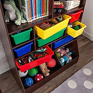 KidKraft Wooden Wall Storage Unit with 8 Plastic Bins and 13 Compartments, Espresso, Gift for Ages 3+