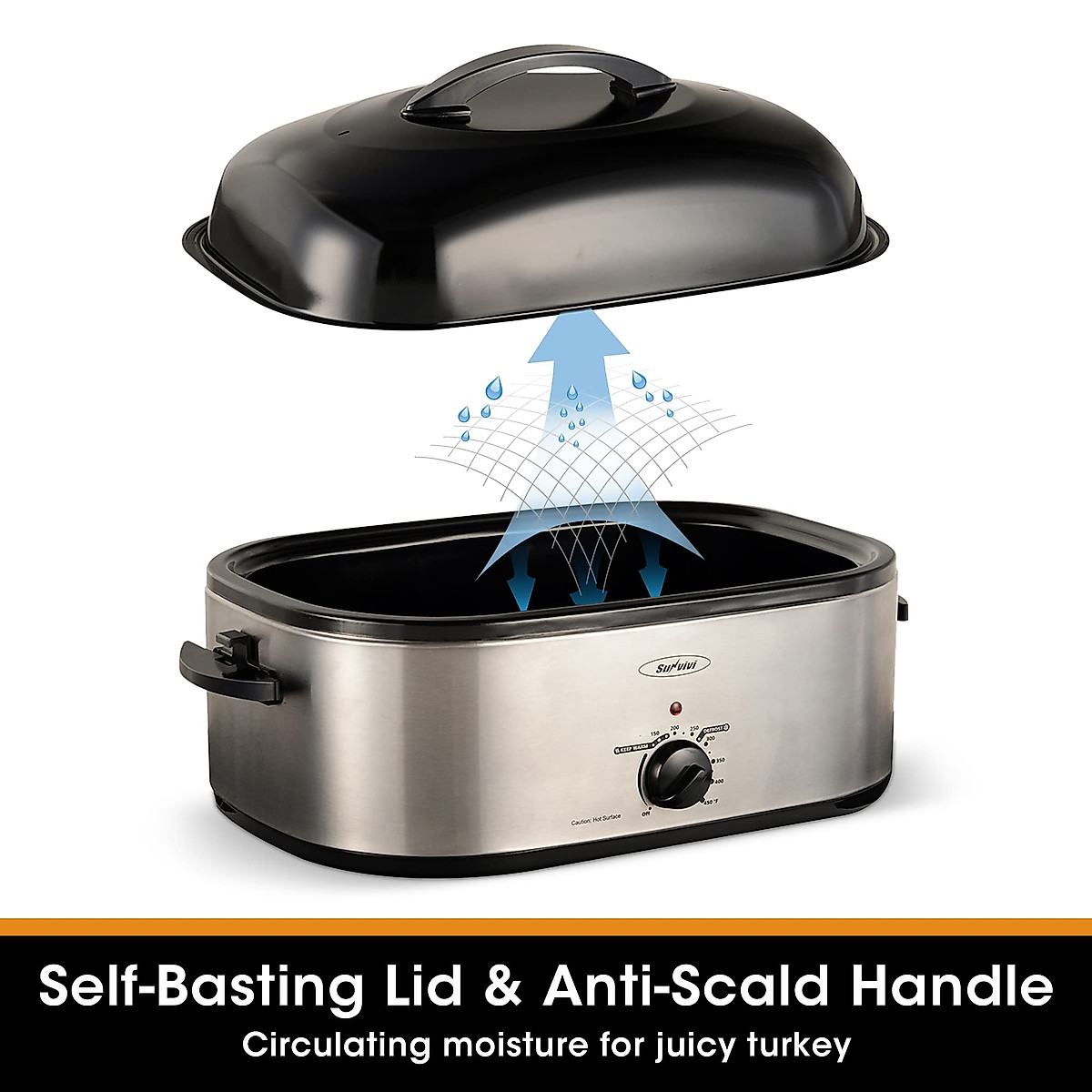 Sunvivi Roaster Oven with Self-Basting Lid, Electric Roaster with Removable Pan & Rack, 150-450°F Full-Range Temperature Control with Defrost/Warm Function, Stainless Steel, Silver