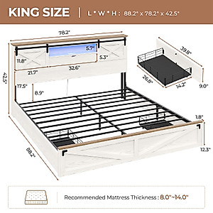 Hasuit Farmhouse Bed Frame King Size with LED Lights and Charging Station, Wooden King Bed with 2 Storage Drawers, Rustic Headboard with Sliding Barn Door Storage Cabinets, White