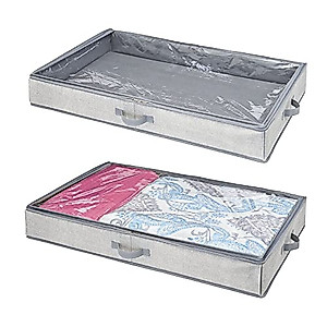 mDesign Soft Fabric Under Bed Storage Organizer Holder Bag for Clothing, Accessories, Linen - Easy-View Top Panel, Attached 2-Way Zippered Lid, Side Handles - 2 Pack - Gray