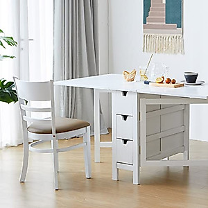 Livinia Wings Gate-Leg Wooden Dining Table, Solid Hardwood Expandable Drop Leaf Space Saving Kitchen Table with 6 Drawers Fully Assembled(White)