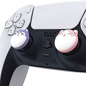 PlayVital Husky & Kitty Cute Thumb Grip Caps for PS5/4 Controller, Silicone Analog Stick Caps Cover for Xbox Series X/S, Thumbstick Caps for Switch Pro Controller - Pale Red & Light Violet