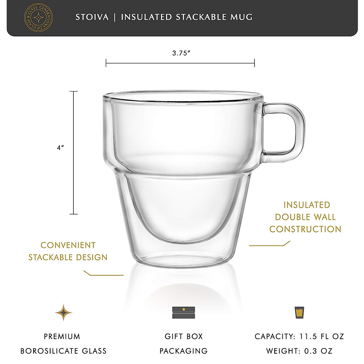 JoyJolt Stoiva Double Wall Insulated Coffee Mugs – 11.5 oz Glasses Set with Handle, Ideal for Hot and Cold Drinks – Large Mugs for Coffee, Latte, Cappuccinos, Tea – Stackable, Modern Design – Set of 4
