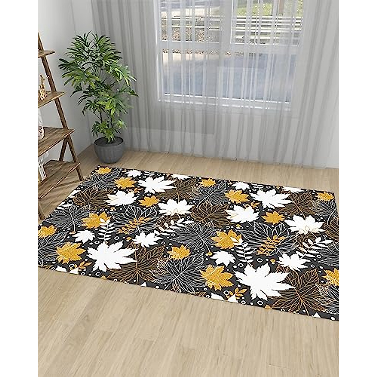 Autumn Maple Leaves Large Rectangular Area Rugs 5' x 7' Living Room, Yellow White Gold Leaf Black Backdrop Durable Non Slip Rug Carpet Floor Mat for Bedroom Bedside Outdoor