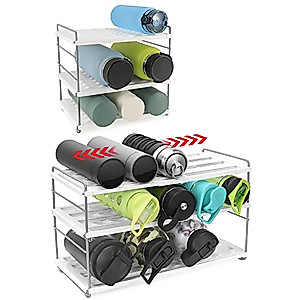 Vibrille Expandable Water Bottle Organizer for Cabinet - Height Adjustable 3-Shelf Water Bottle Storage Holder Rack for Kitchen Organization, White