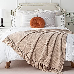 BATTILO HOME Beige Throw Blanket for Couch, Textured Knitted Boho Throw Blanket with Tassels, Couch Cover Blanket Warm Decorative Tan Throw Blanket for Sofa Living Room, 50" x 60"