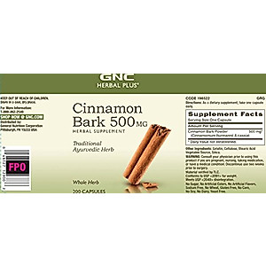 GNC Herbal Plus Cinnamon Bark 500mg, 200 Capsules, Traditional Ayurvedic Herb