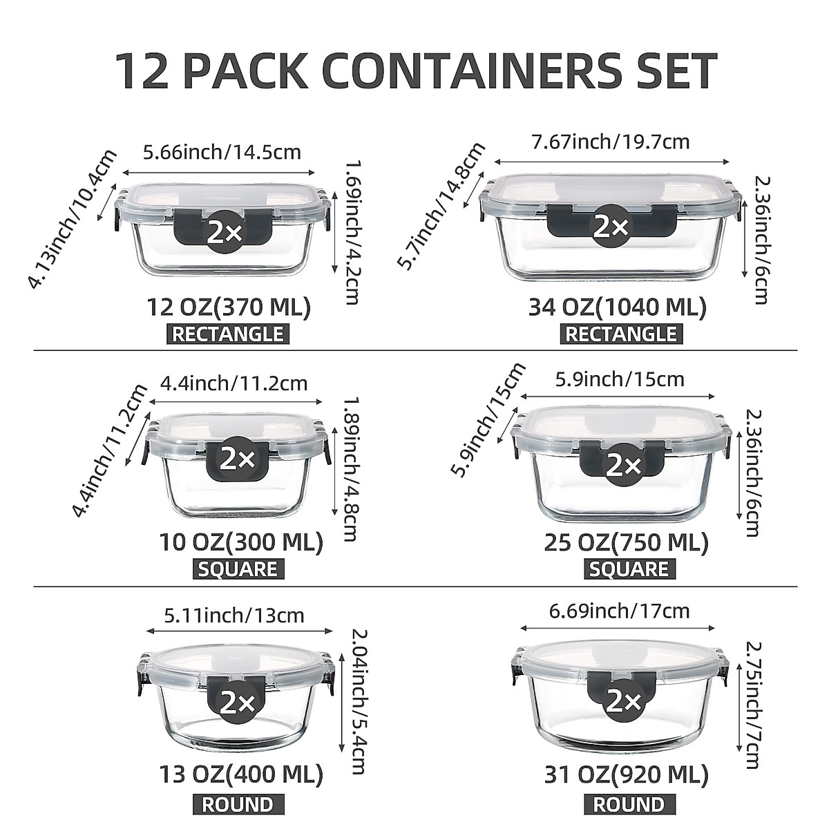 UMI UMIZILI Glass Food Storage Containers with Lids, 12 Pack Leakproof Glass Meal Prep Containers Airtight Stackable Glass Containers for Leftover, Fruit, Vetageables, Dishwasher Safe