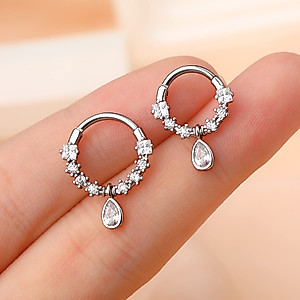 Melighting 16G Septum Jewelry Teardrop Dangle Septum Rings Women 316L Stainless Steel Clear CZ Daith Earrings Helix Earrings Cartilage Tragus Earring Piercing Jewelry for Men