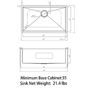 Sinber 32" x 19" x 10" Undermount Single Bowl Kitchen Sink with 16 Gauge 304 Stainless Steel Satin Finish HU3219S-16G (Sink Only)