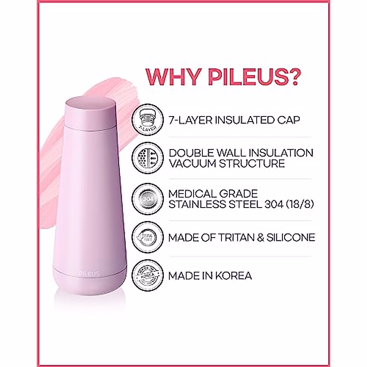 PILEUS INSULATED THERMOS WATER BOTTLE 12oz-14H Hot & 58H Cold, 7Layer Insulated Cap, Double Wall Insulation Vacuum Structure, Medical Grade StainlessSteel304(18/8) BPA-Free Tritan, Food Grade Silicone