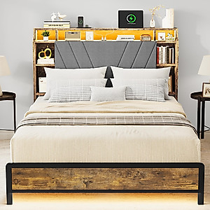 YITAHOME Queen Bed Frame with Storage Headboard, Platform Upholstered Bed with LED Lights & Charging Station, No Box Spring Needed - Brown