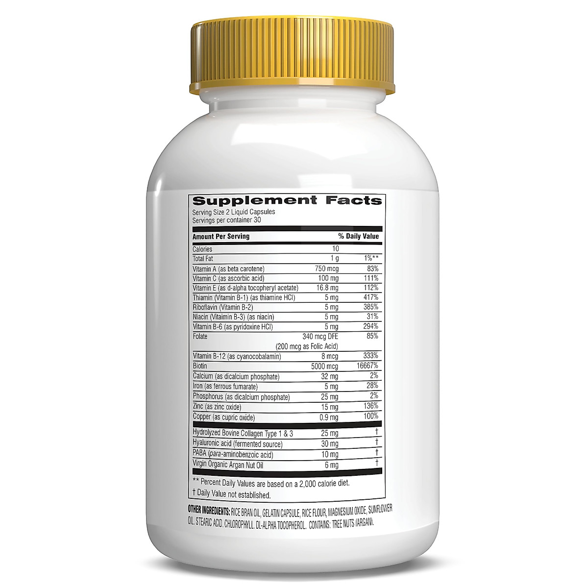 Botanic Choice Hair Skin and Nails Vitamins - Biotin Supplement with Collagen, Vitamin C, & Iron - Super Antioxidant Blend with Argan Oil & Hyaluronic Acid - 60 Liquid Capsules