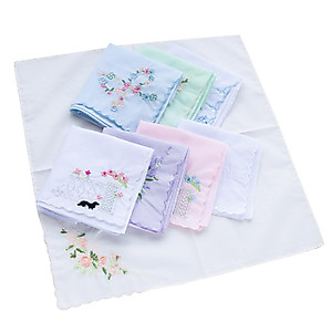 Assorted Ladies Novetly Embroidered Cotton Soft Handkerchiefs Scalloped Hankies 6PCS