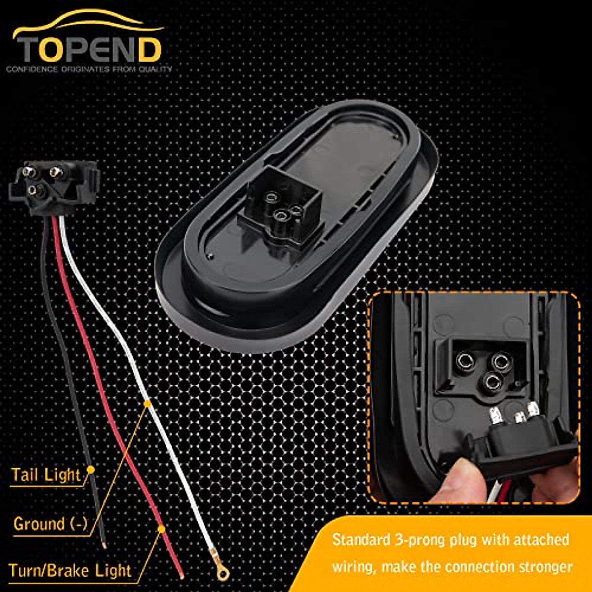 TOPEND 6 Inch Red Oval Led Trailer Tail Light 4PCS for RV Truck Jeep - Stop/Turn/Tail Light Marine Waterproof - Including 3-pin Water Tight Plug DOT/SAE with Wires and Grommet