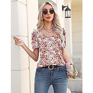 Ladies Romantic Tops Hawaiian Shirts for Women Square Neck Top Fitted Tops for Women Sexy Casual Trendy Short Sleeve Tops White Red Floral L