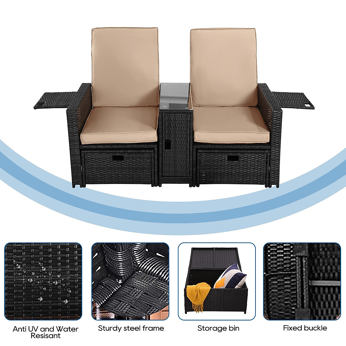 VUYUYU 5PCS Outdoor Wicker Chaise Lounge Chair - Rattan Adjustable Reclining Patio Lounge Chair with Ottoman and Coffee Table, for Patio Beach Pool Backyard (Black Wicker Khaki Cushion)