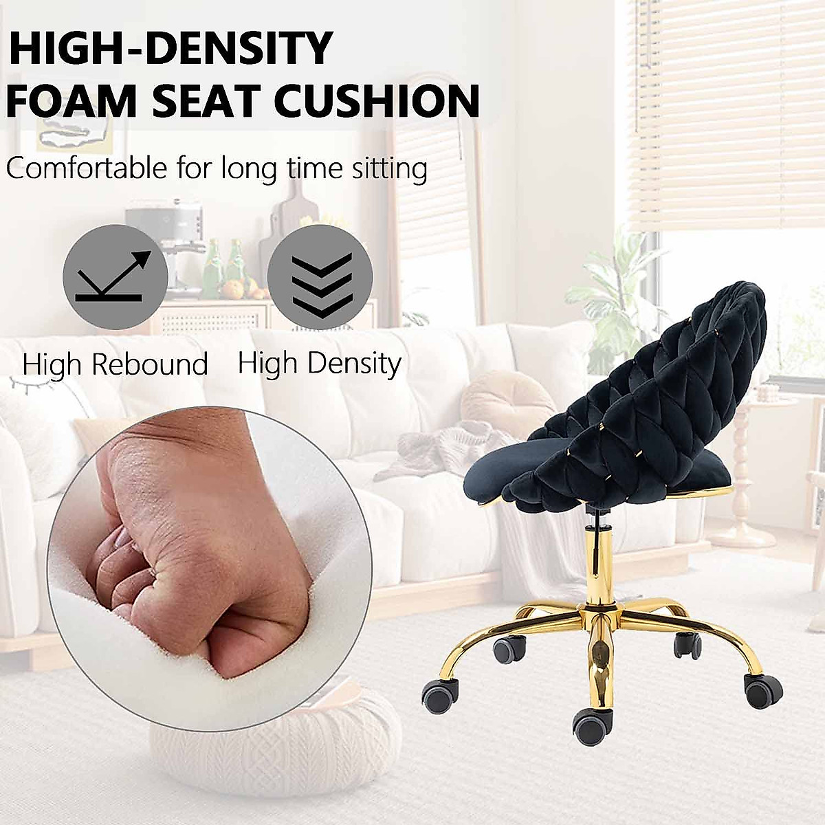 Modern Velvet Office Desk Chair, Upholstered Makeup Vanity Chair with Woven Tufted Back and Gold Base, Swivel Task Chair with Wheels Women Girls Cute Desk Chair for Vanity Room Bedroom Study Black