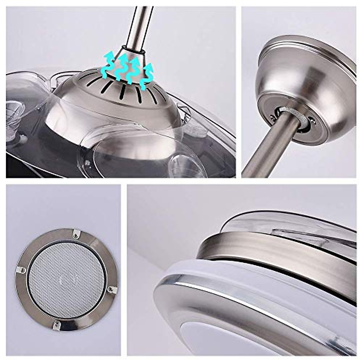 Fandian 42'' Modern Smart Ceiling Fans with Light,Bluetooth Speaker Music Player Chandelier, 3 Colors 3 Speeds Retractable Blades with Remote Control, Silent Motor with LED Kits (42in-Silver1)