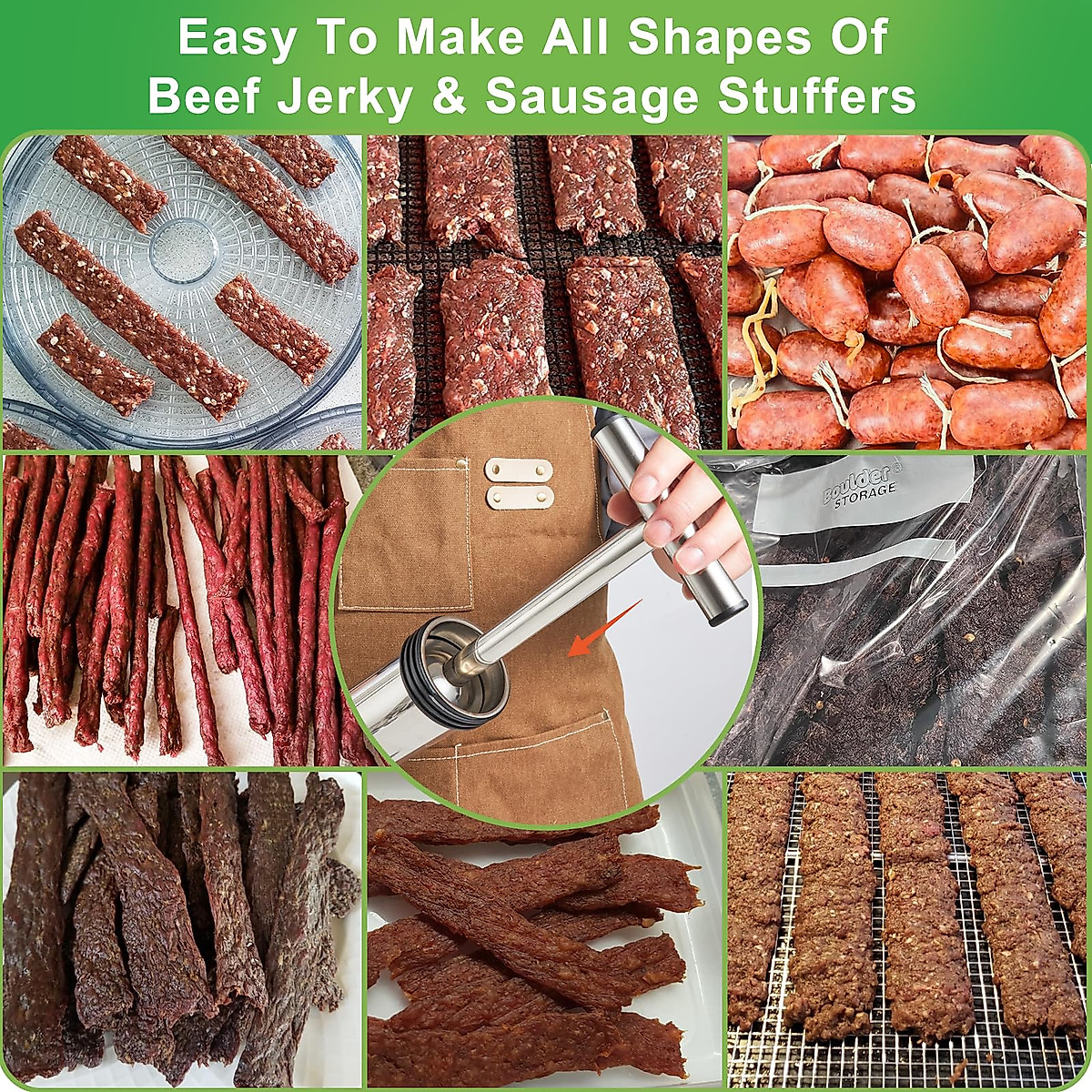 MTOGALT Upgrade Stainless Steel 2 LB Large Capacity Jerky Gun Kit Beef Deer Jerky Sausage Stuffer Meat Gun Jerky Marker Shooter Jerky Kits Sausage Gun Machine with Nozzles Brushes & Meat Pusher