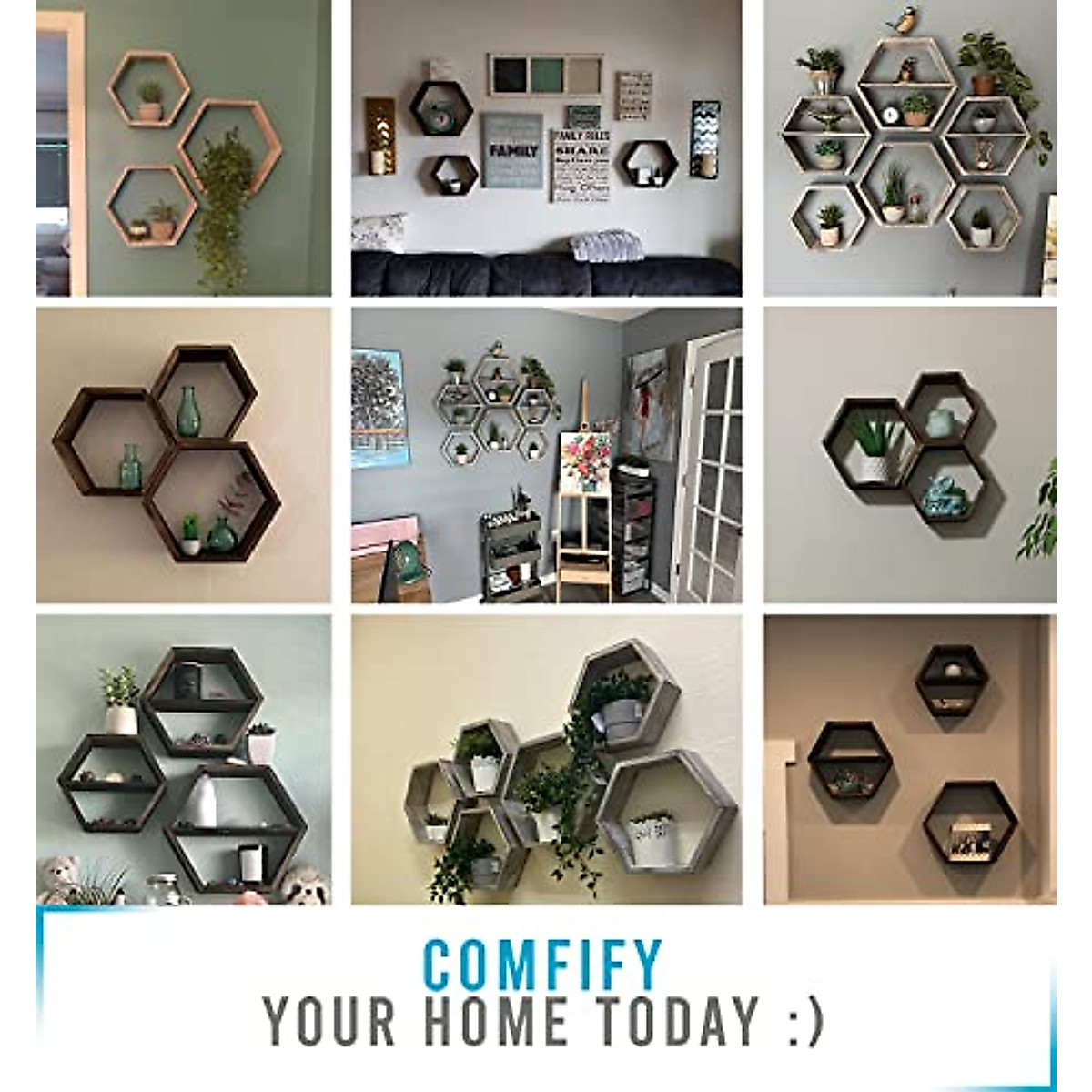 Rustic Wall Mounted Hexagonal Floating Shelves – Set of 3 – Large, Medium and Small – Screws and Anchors Included - Farmhouse Shelves for Bedroom, Living Room and More – Honeycomb Wall Décor - Torched