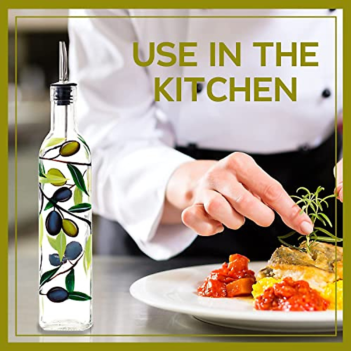 YIYUKODO 17oz Hand Painted Glass Olive Oil Bottle Dispenser- 500ml Green Oil & Vinegar Cruet with Pourers and Funnel - Olive Oil Carafe Decanter for Kitchen (olive)