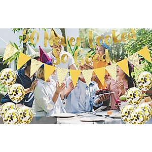 Funny Birthday Banner Glitter Happy 50th Birthday Party Decoration Supplies 50th Wedding Anniversary Decorations Hanging Garland Golden Triangle Flags Pennant Bunting