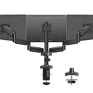 MOUNTUP Triple Monitor Mount, 3 Monitor Stand Desk Arm for Max 32 Inch Computer Screens, Max Extension 64.5" Gas Spring Triple Monitor Holder Support 2.2-17.6lbs, VESA Bracket with Clamp/Grommet Base