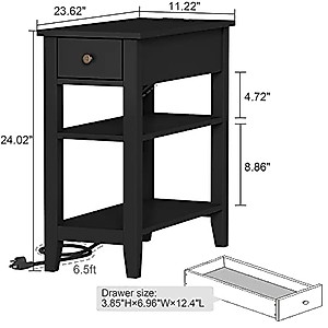 ChooChoo Narrow End Table with Charging Station, Side Table Living Room with USB Ports & Power Outlets and Hidden Drawer, 3-Tier Skinny Nightstand with 2 Open Storage Shelves for Small Place (Black)