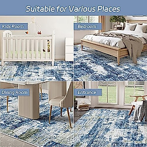 Miukiki Area Rug 8x10, Super Soft Modern Abstract Washable Rug, Anti-Slip Backing Rugs for Living Room, Foldable Ultra-Thin Machine Washable Area Rugs (Navy/Gold, 8'x10')