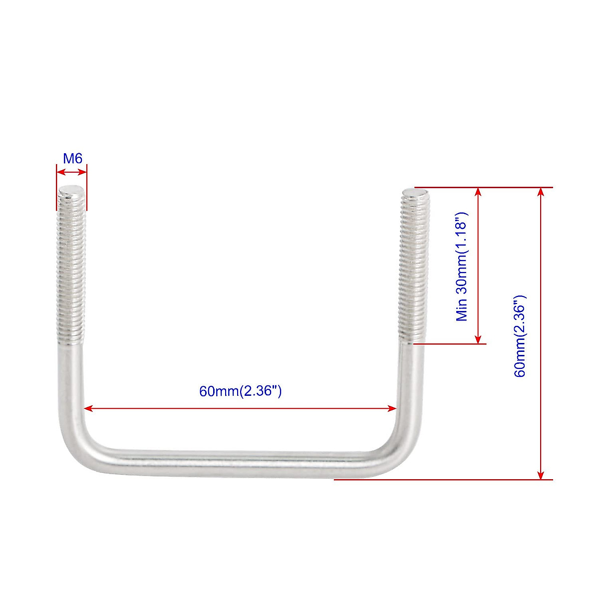 Aoje-Link Square U-Bolts 2.36"(60mm) Inner Width M6 Thread 304 Stainless Steel Silver with Plates Nuts Flat Washers for Car/RV/Trailer Bumper, 2Pcs