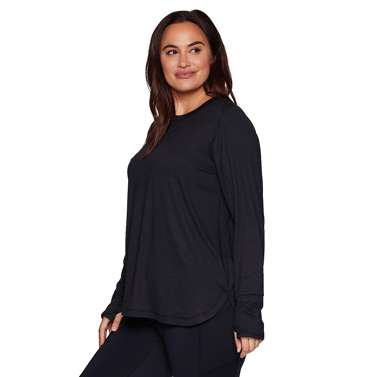 RBX Active Women's Plus Size Workout Top with Thumbholes, Buttery Soft Lightweight Long Sleeve T-Shirt Tunic Relaxed Fit Yoga Top F22 Black-Grey Heather 2X