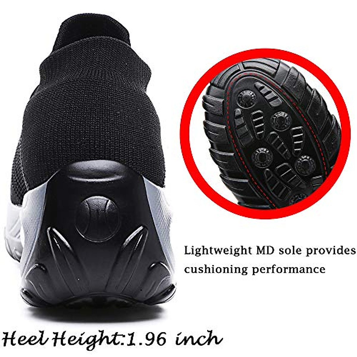 K&T Womens Cushion Walking Shoes Sock Sneakers Tennis Shoes Mesh Slip On Loafers Lightweight Fashion Nursing Girls Wedge Platform Dance Shoes, Black, 7 M US