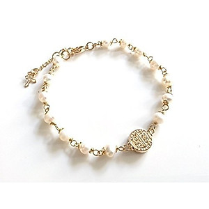 SIFRIMANIA Freshwater Cultured Pearls Catholic Image Adjustable Bracelet for Women Bride Jewerly (Saint Benedict Medal)