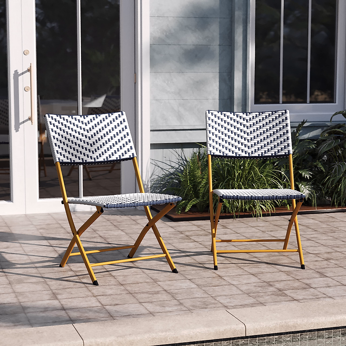 EMMA + OLIVER Ciel Two Piece Folding Bistro Chairs - Navy and White PE Rattan - Natural Finish Metal Frames - Indoor/Outdoor Use