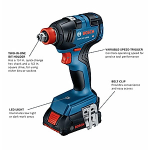BOSCH GXL18V-497B23 18V 4-Tool Combo Kit with 2-In-1 1/4 In. and 1/2 In. Bit/Socket Impact Driver, 1/2 In. Hammer Drill/Driver, Circular Saw, Worklight with (1) CORE18V 4 Ah Battery & (1) 2 Ah Battery