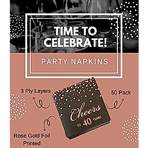 Rose Gold Foil Cocktail Napkins with Cheer 40 Years | Folded 5 x 5 Inches Disposable Party Napkins | 3-Ply Paper Beverage Napkins for 40th Birthday Decorations, Wedding Anniversary, Retirement, Black