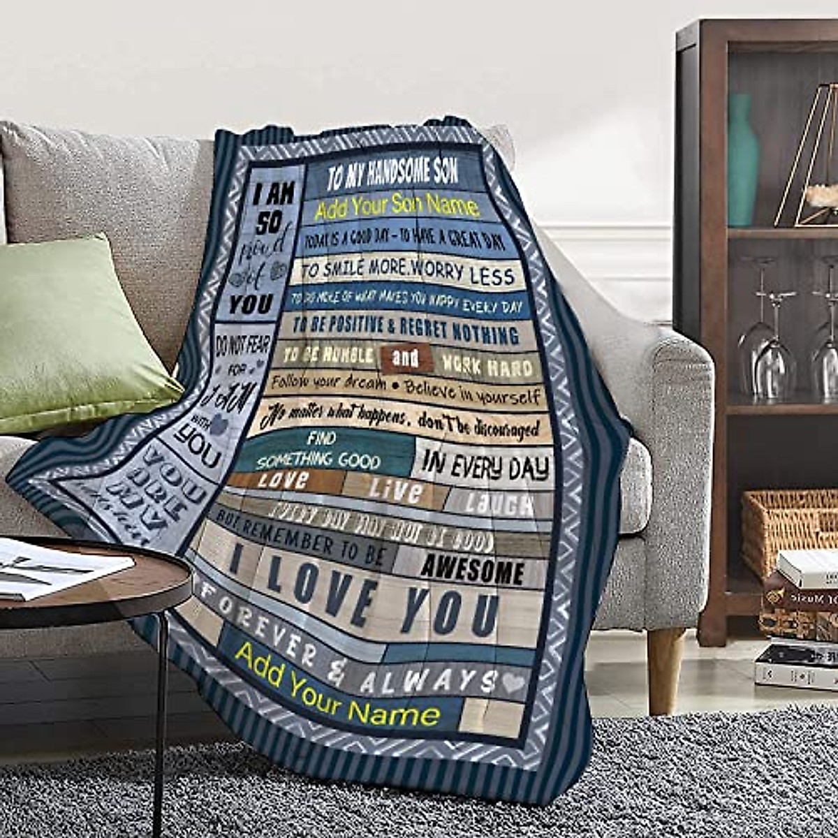 Personalized to My Son Blanket from Mom Dad 60x80 Inches Lightweight Flannel Throws Custom Name Gift for Boy Men Super Soft Comfy Blankets Birthday Christmas Decor Couch Sofa